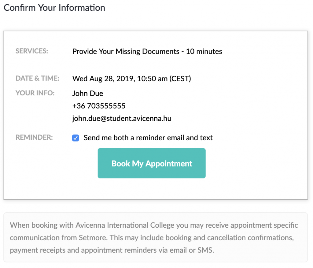 Confirm-booking | Avicenna International College | Study in Europe